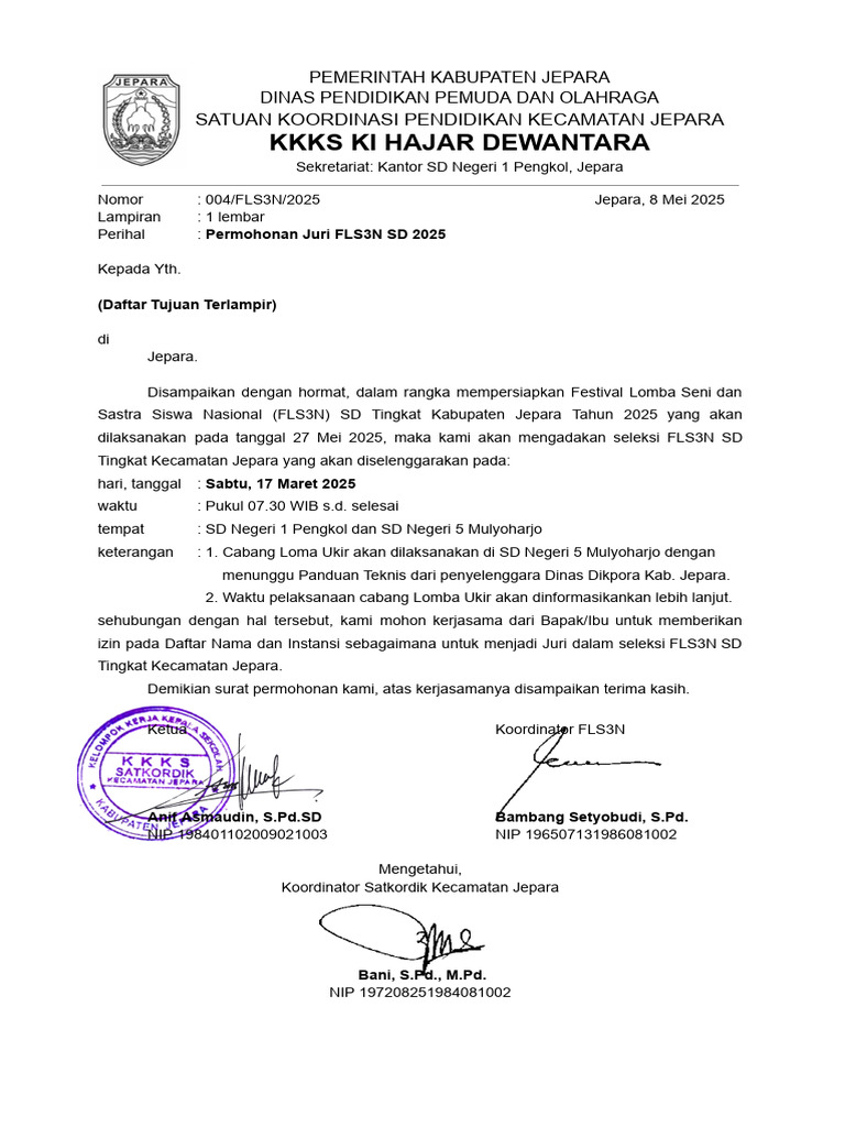 Surat-Surat FLS3N 2025 KEC. JEPARA - Google Dokumen | PDF