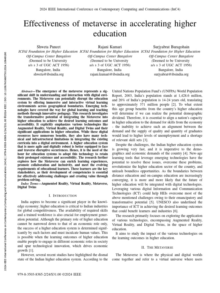 Effectiveness of Metaverse in Accelerating Higher Education | PDF ...