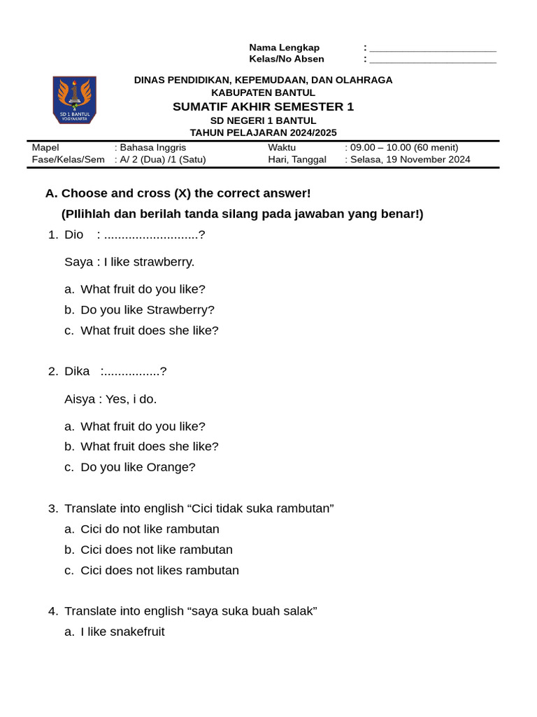 soal bahasa inggris kelas 2 | PDF | Tropical Fruit | Fruit