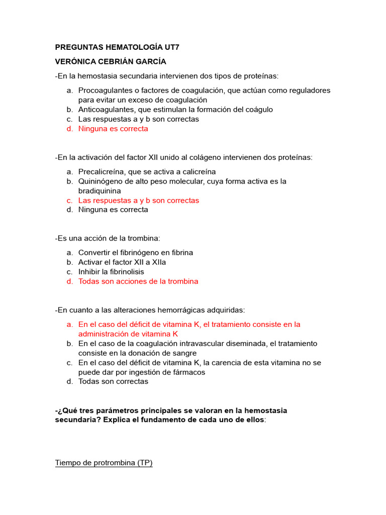 Preguntas Exámen Tema 7 Hematología | PDF | Coagulación | Hemostasia