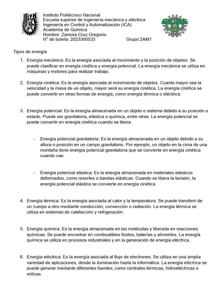 QuimicaA 2AM1 Actividad 1(tipos de energia) | PDF | Energía renovable | Ingenieria Eléctrica