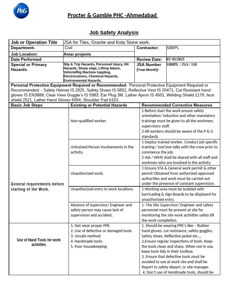 JSA For, Tiles, Granite and Kota Stone Work | PDF | Scaffolding ...