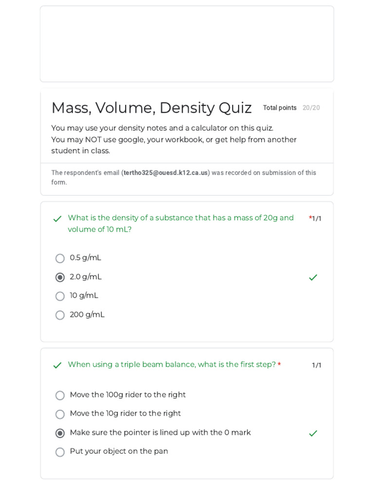 Mass, Volume, Density Quiz | PDF | Volume | Litre
