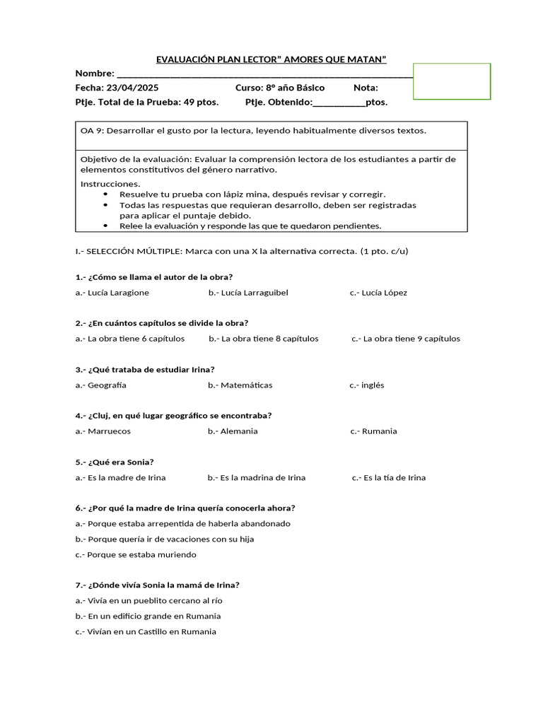 Evaluación Plan Lector Octavo | PDF