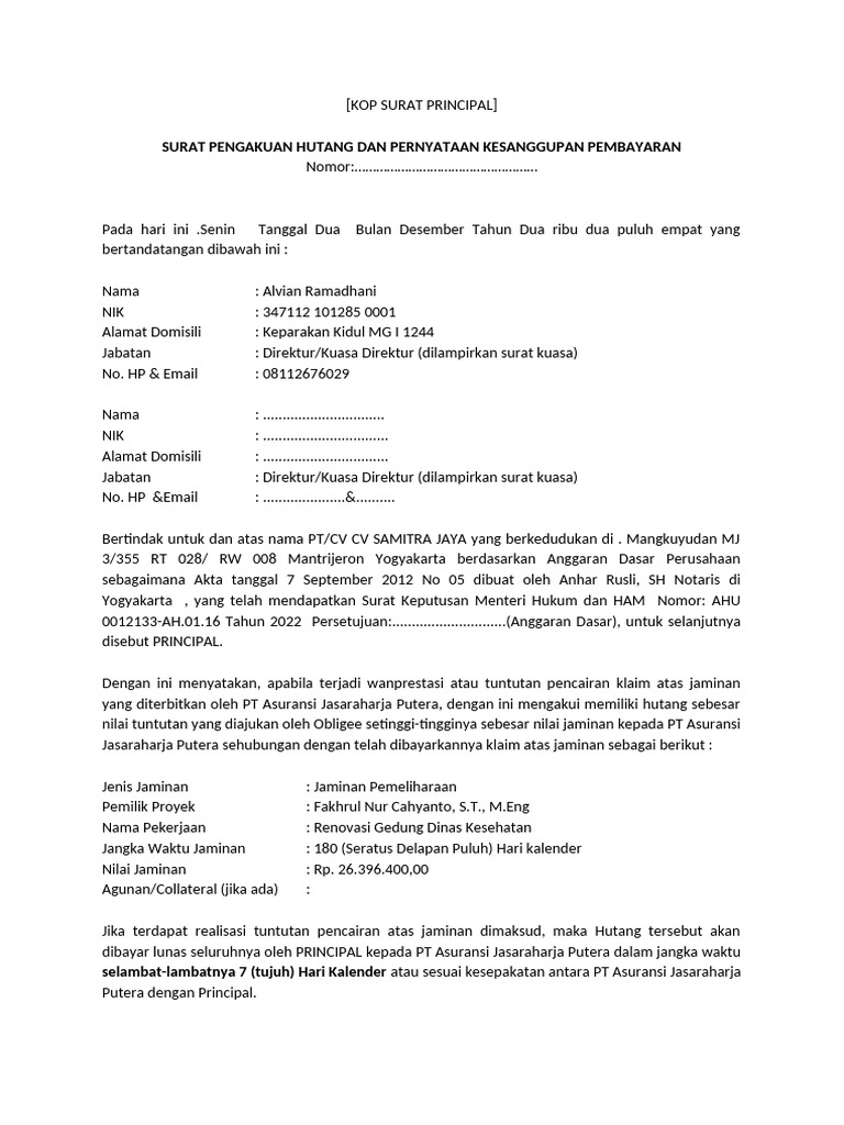 Surat Pengakuan Hutang Jaminan Pembayaran | PDF