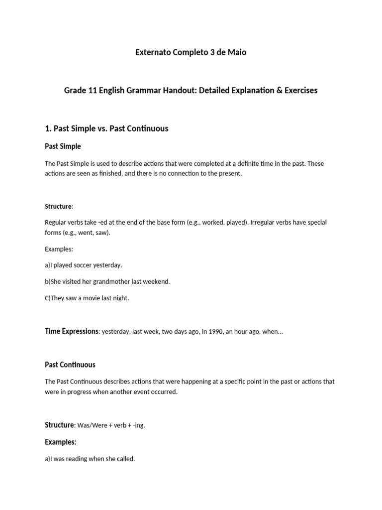 English Handout Grade 11 | PDF | Perfect (Grammar) | Verb