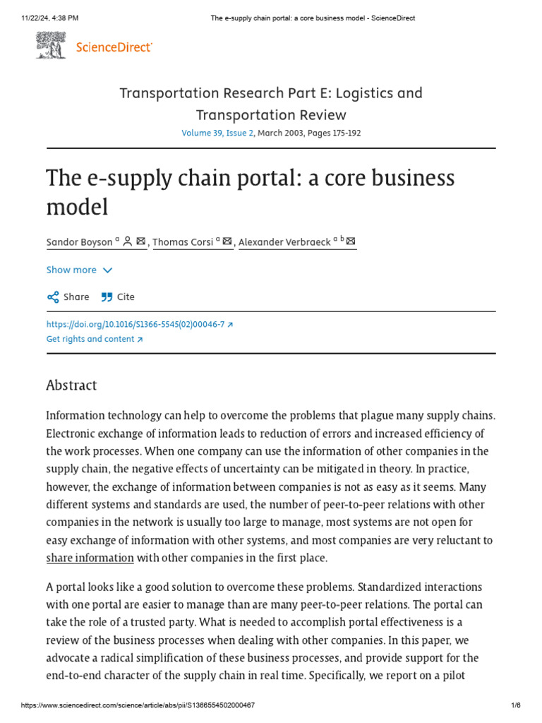 The E-Supply Chain Portal - A Core Business Model - ScienceDirect | PDF ...