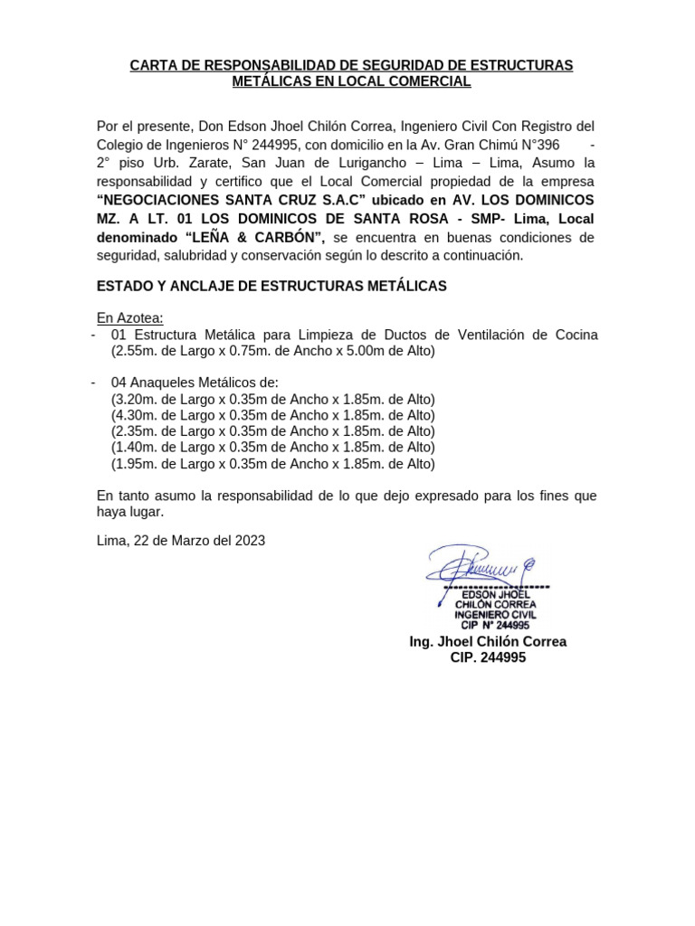 Carta de Seguridad de Estructuras Metálicas - L&C Dominicos | PDF