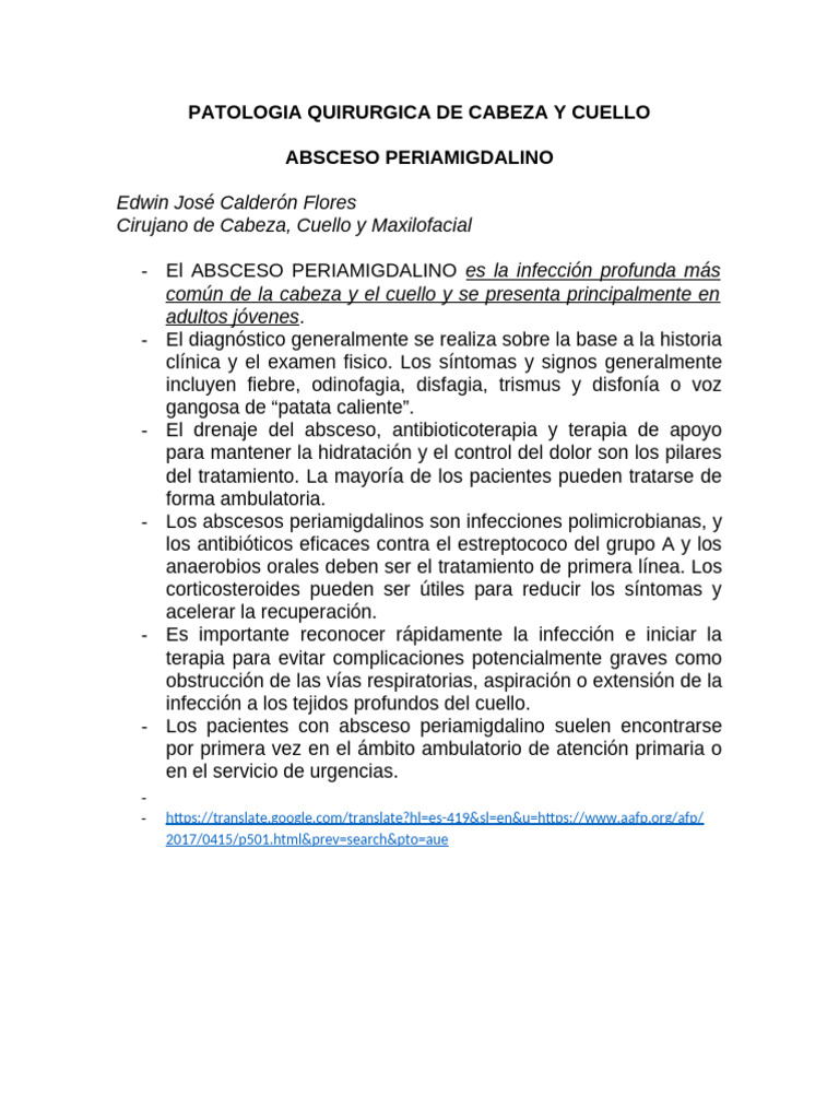 Absceso Periamigdalino | PDF