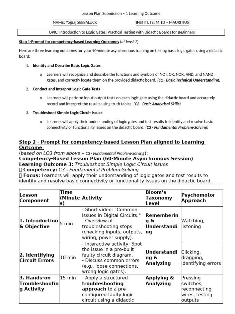Lesson Plan Submission LO3 | PDF | Troubleshooting | Logic Gate