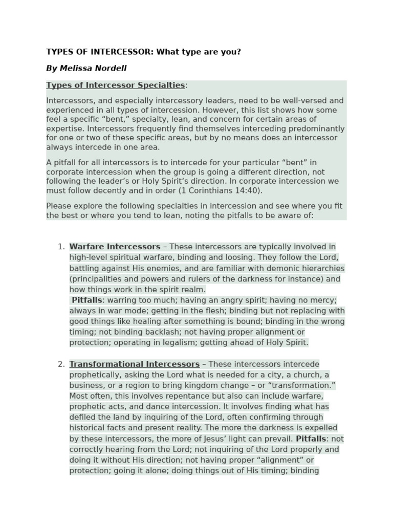 Types of Intercessor Specialties: by Melissa Nordell | PDF ...