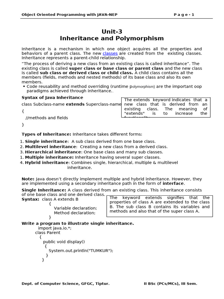 Unit - 3 Inheritence and Polymorphism KVN | PDF | Method (Computer Programming) | Inheritance ...
