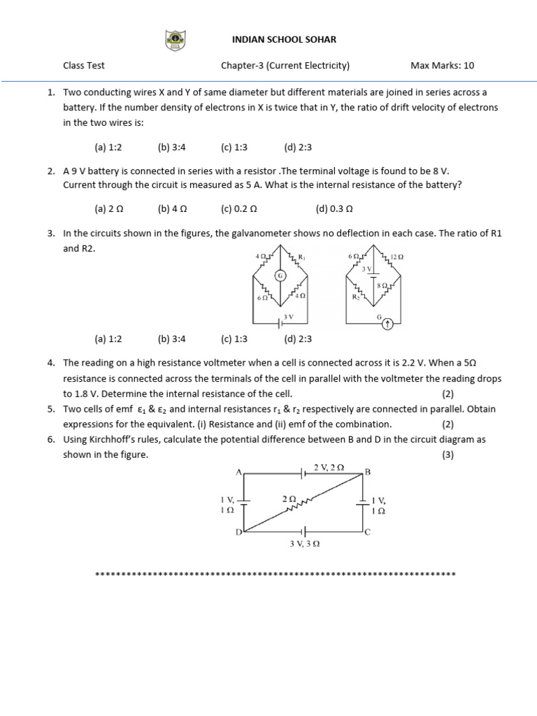 Class Test_XII_Chapter 3_Current Electricity | PDF