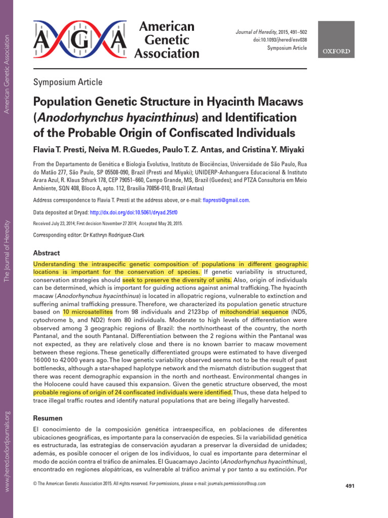 Population Genetic Structure in Hyacinth Macaws and Identification of The Probable Origin of ...