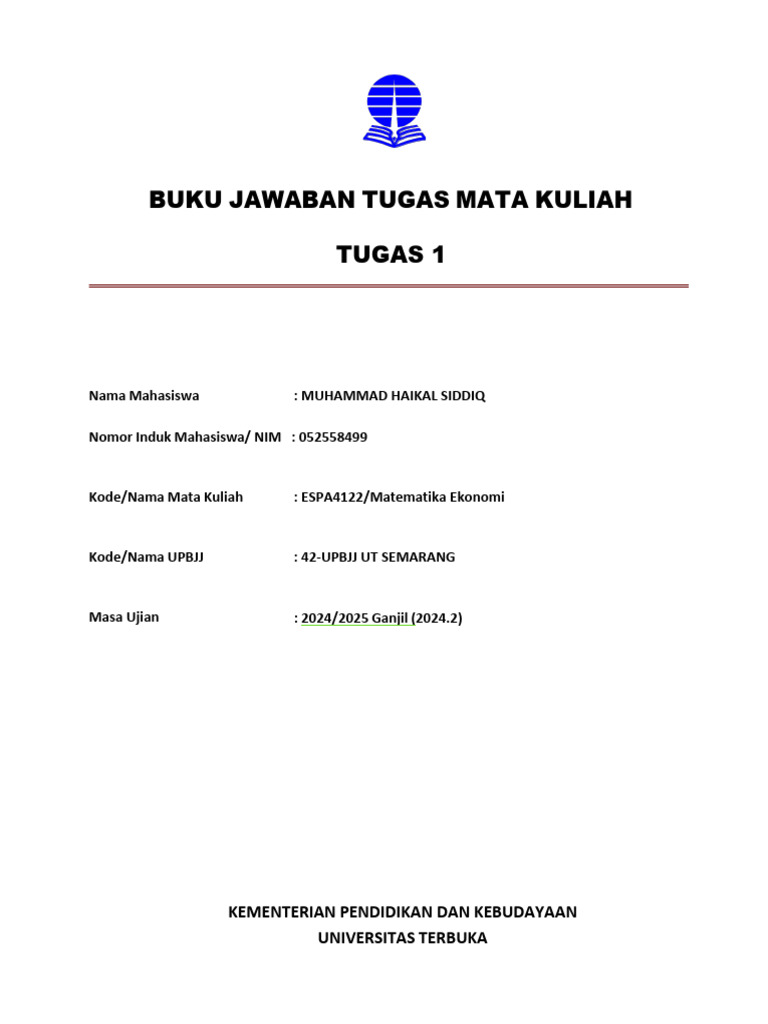 Buku Jawaban Tugas 1 Matematika Ekonomi-1 | PDF
