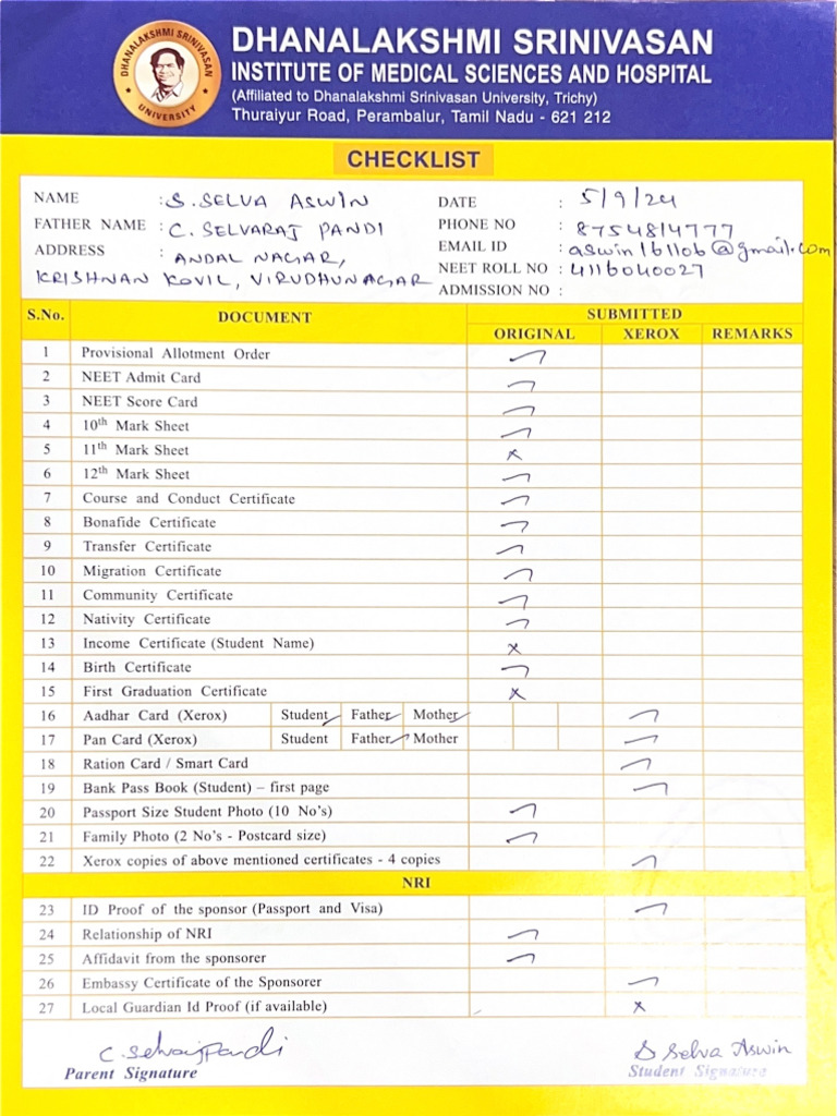 Dhanalakshmi Srinivasan Checklist | PDF