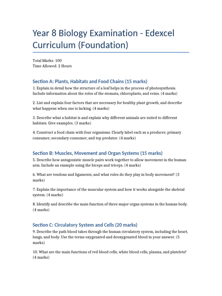 Updated Year 8 Biology Exam Paper Edexcel | PDF | Blood | Circulatory ...