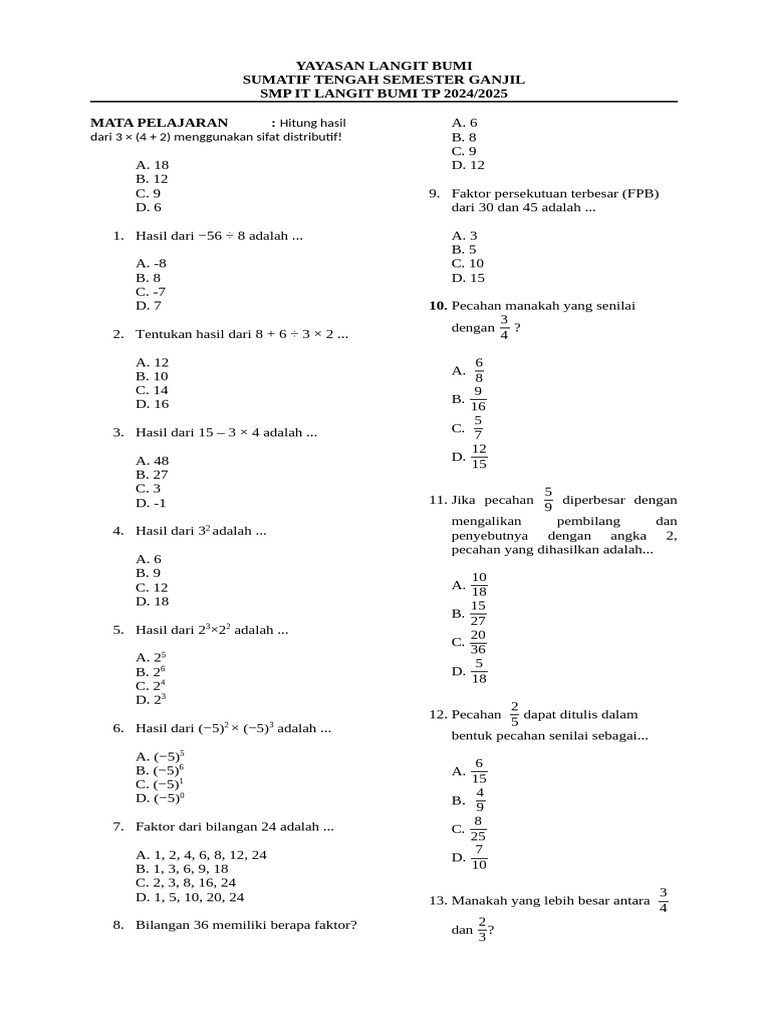 Soal MTK Kelas Vii | PDF