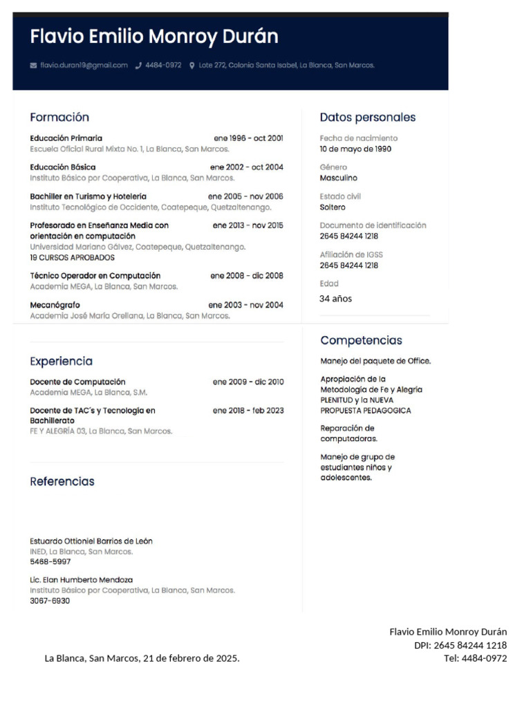 CV Curriculum Vitae Hoja de Vida Flavio Emilio Monroy Durán | PDF