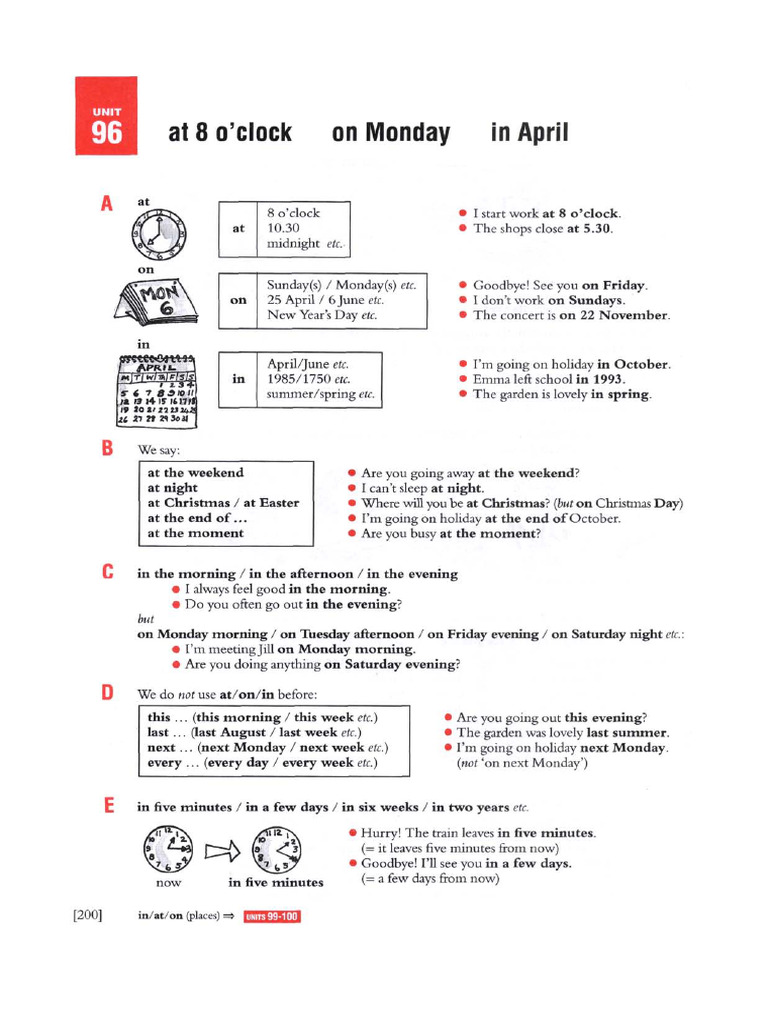 in On at (Time) (Grammar in Use) | PDF