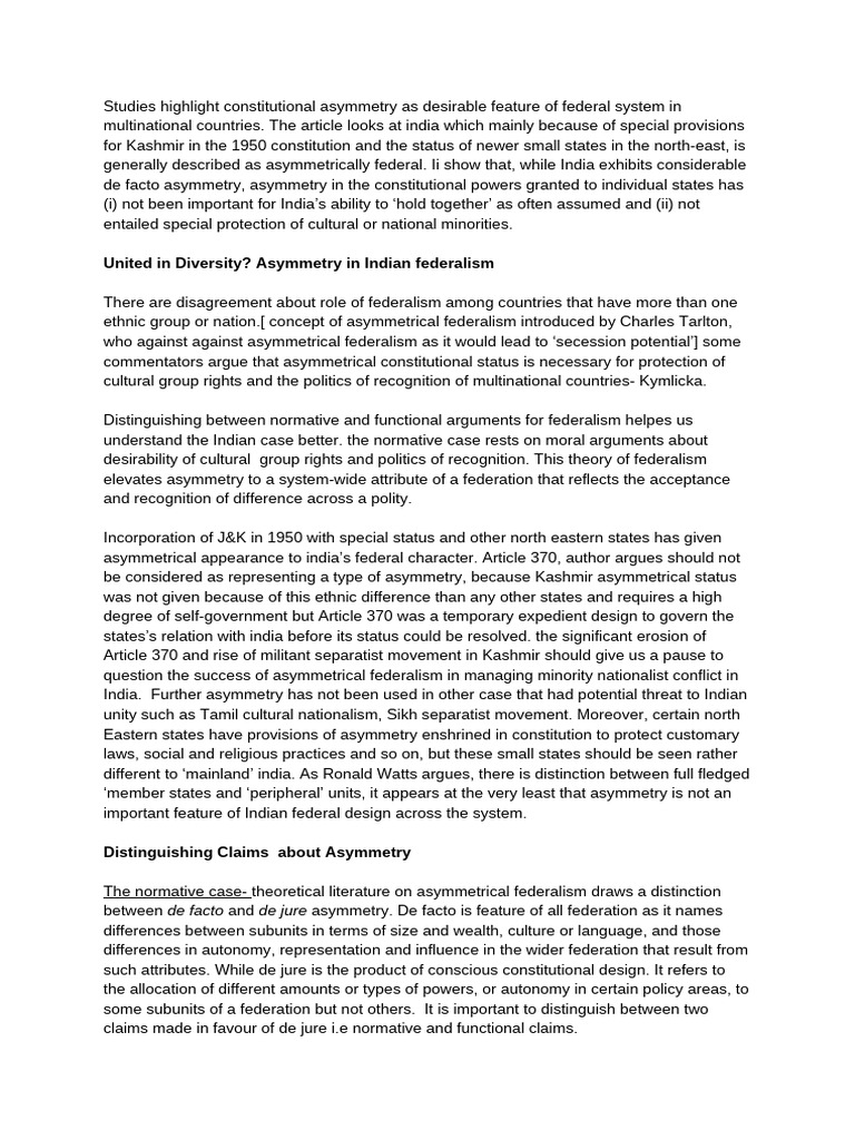 Asymmetrical Federalism in India Explained | PDF | Federation ...