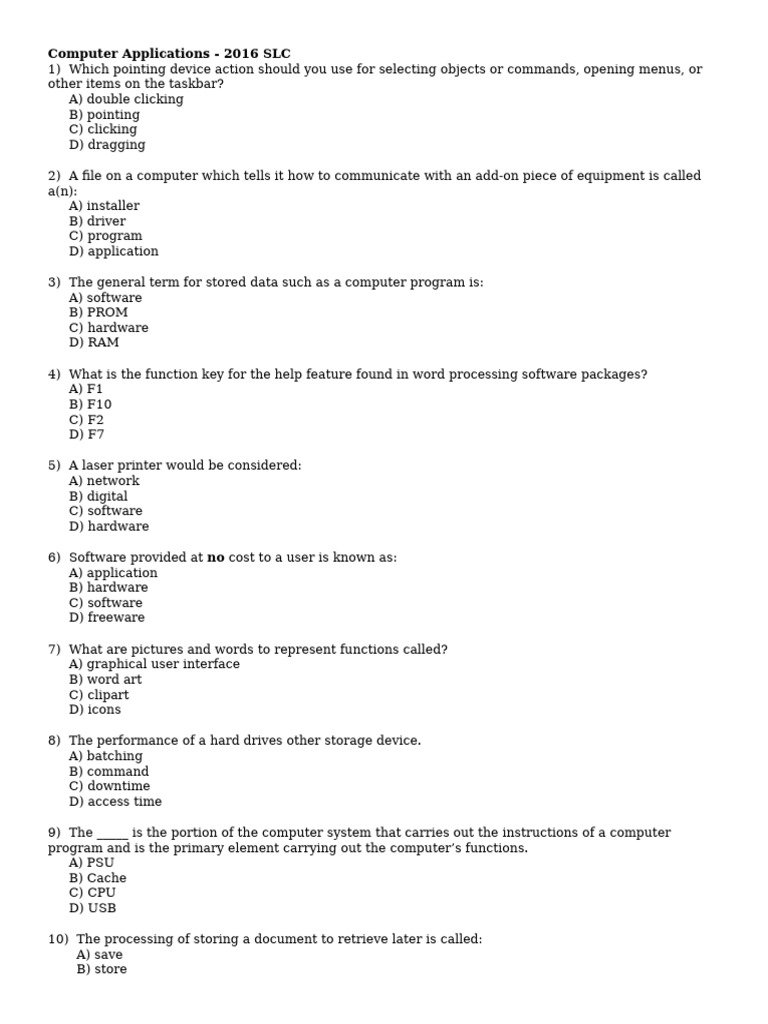 2016 SLC Computer Applications | PDF | Microsoft Excel | Computer Virus
