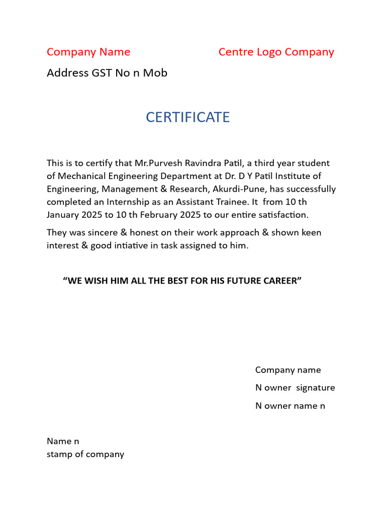 Purvesh Internship Certifictae Format New 1 | PDF