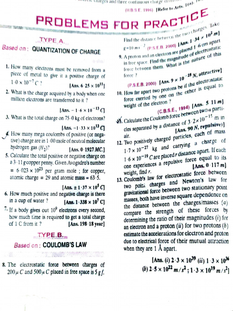 Assignment Electrostatic Numericals 1 | PDF | Force | Electron