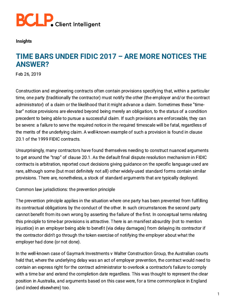 Time Bars Under Fidic 2017 Are More Notices The Answer | PDF | Justice ...