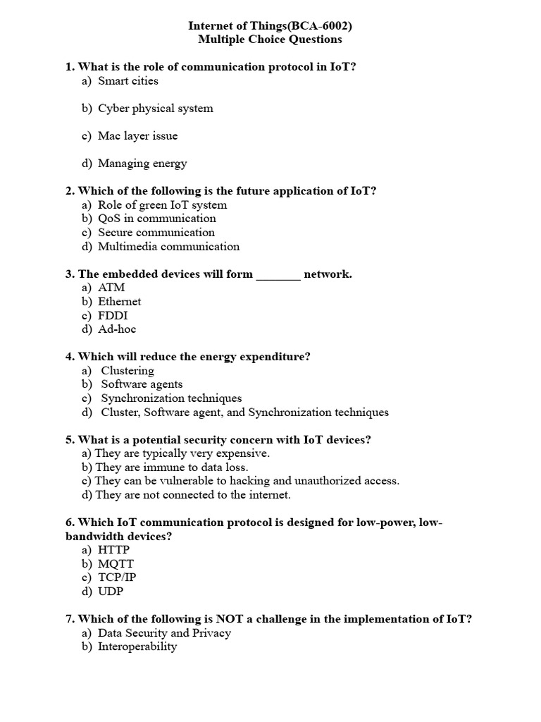 Internet of Things - Practice MCQs | PDF | Internet Of Things | Computer Network