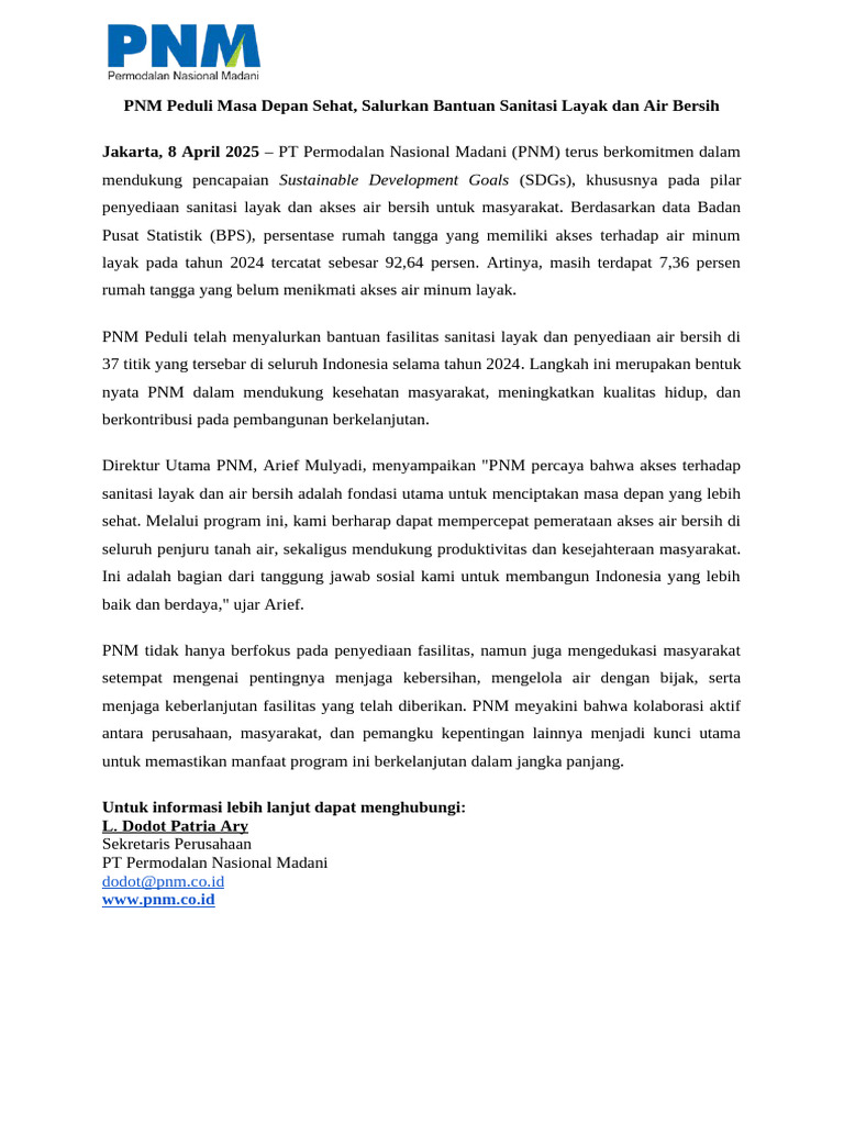(Siaran Pers 8 April) PNM Peduli Masa Depan Sehat, Salurkan Bantuan Sanitasi Layak Dan Air ...