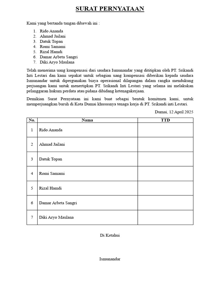 Surat Pernyataan Pekerja Pt. Sil | PDF