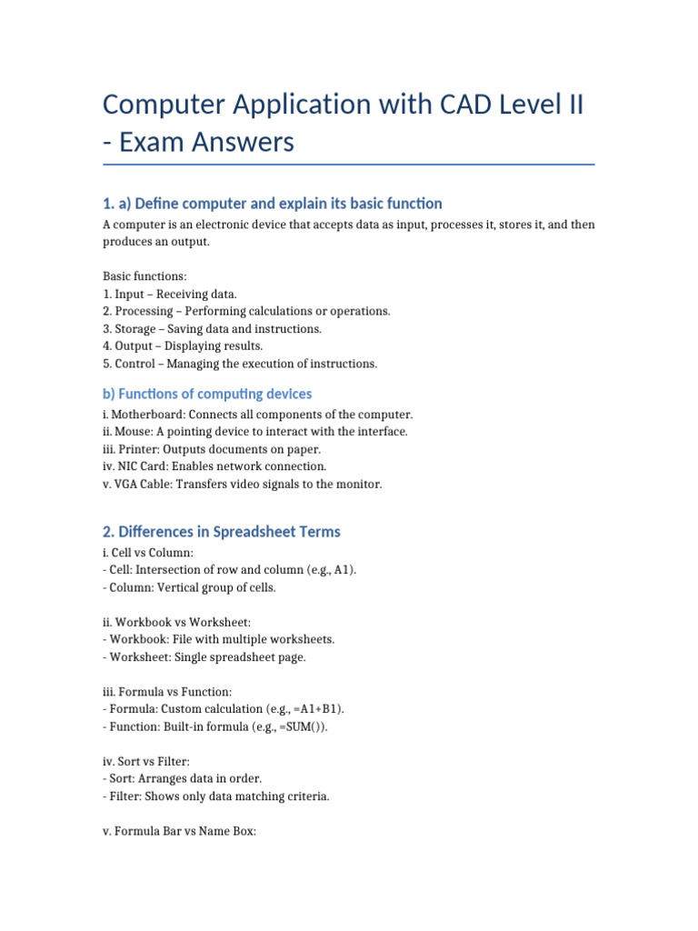 Computer Application CAD Level II Answers | PDF | Spreadsheet | Input ...