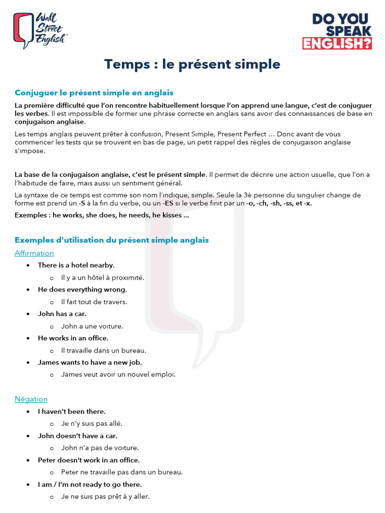 Conjugaison du Présent Simple en Anglais | PDF | Verbe | Typologie ...