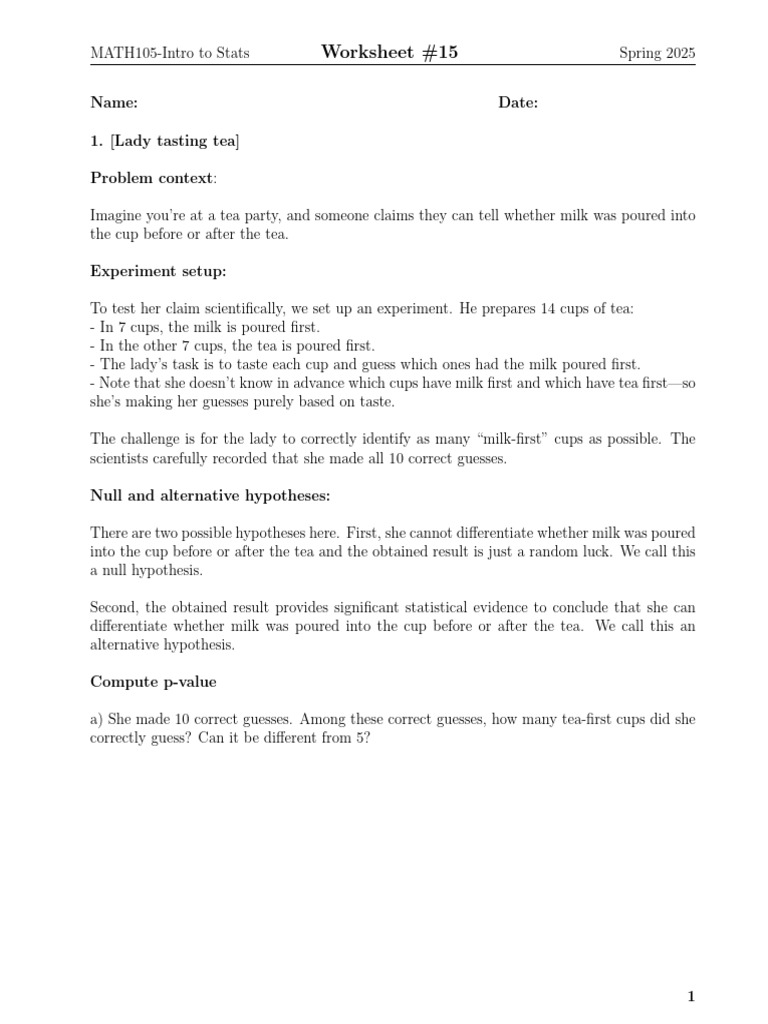 ws15 Lady Tasting Tea Spring25 | PDF | P Value | Null Hypothesis
