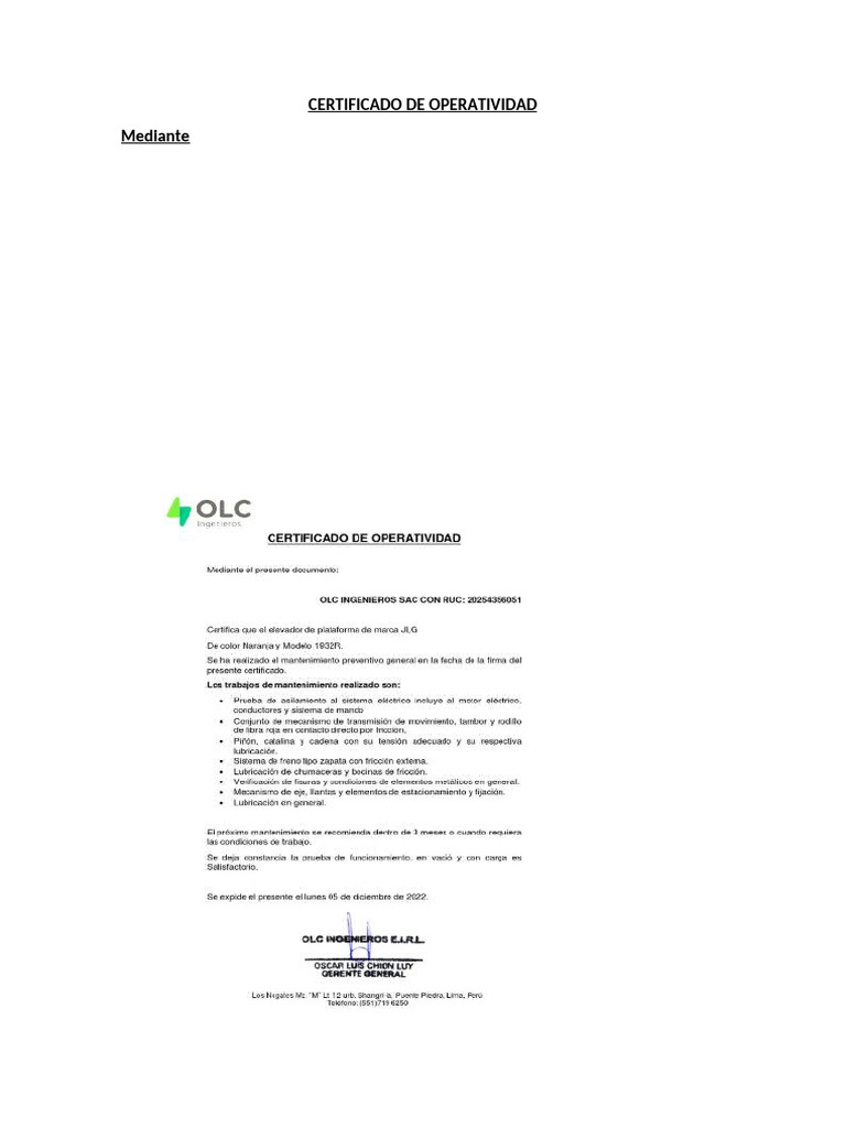 CERTIFICADO DE OPERATIVIDAD Elevadores | PDF