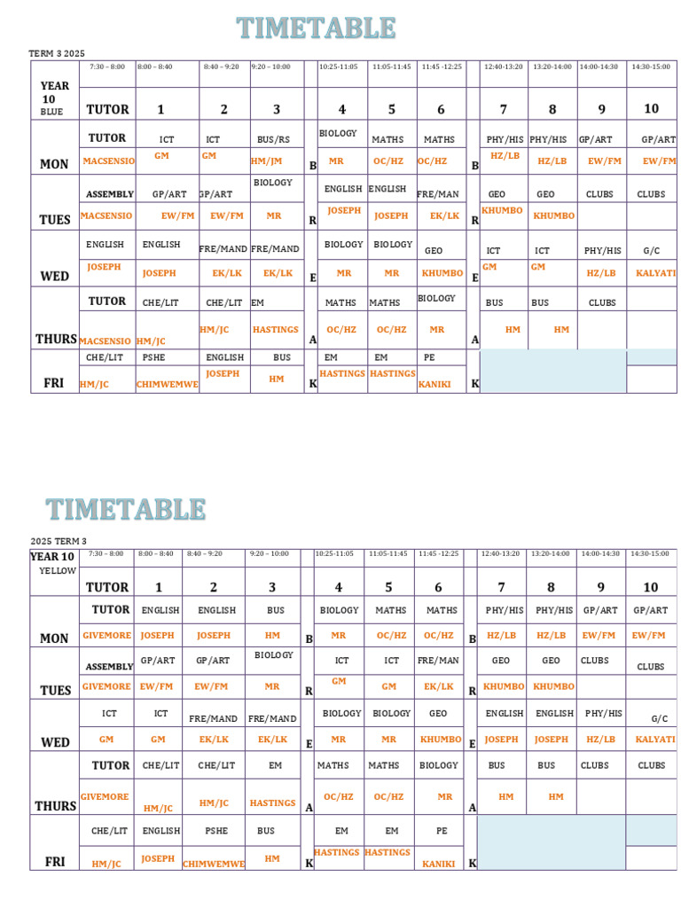 Year 10 Blue Timetable 2025 Term 3 | PDF