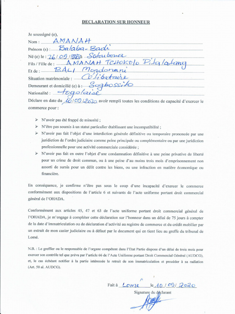 Declaration Sur L'honneur | PDF