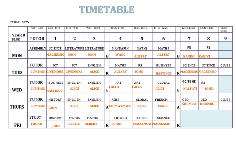 Year 8 Blue Timetable 2025 Term3 | PDF