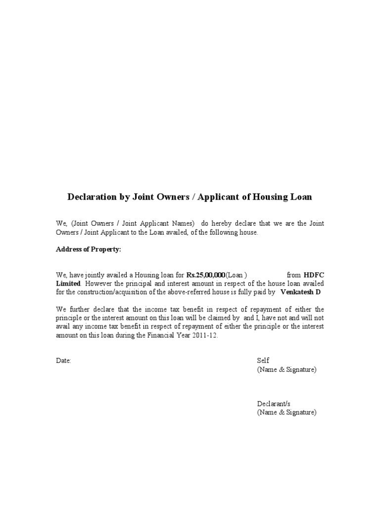 Joint Owners Housing Loan Declaration | PDF