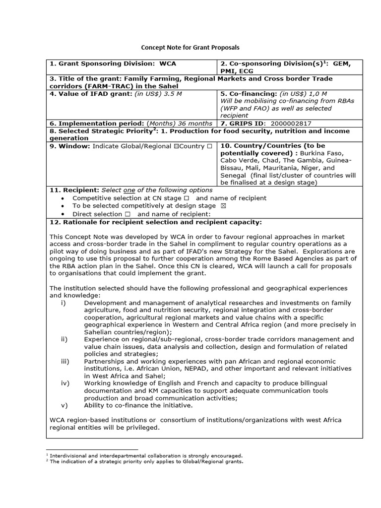 Concept Note For Grants Proposals Sahel Transborder Trade Farm, 2020 ...