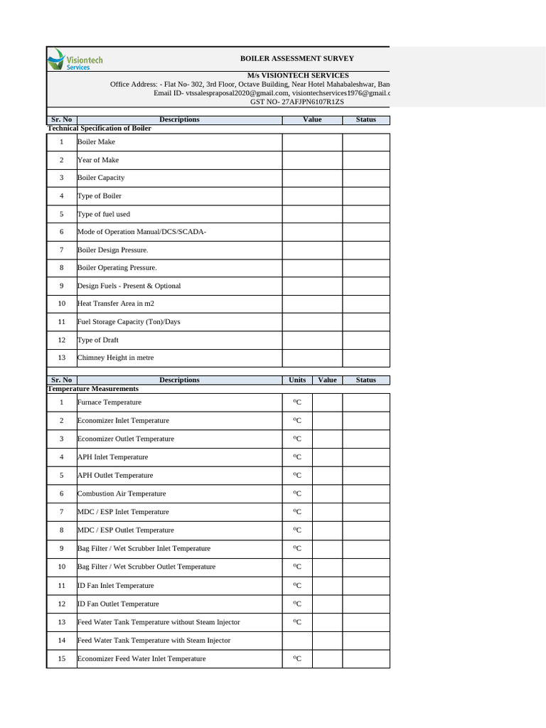DATA Sheet For Boiler Assessment Survey | PDF | Boiler | Steam