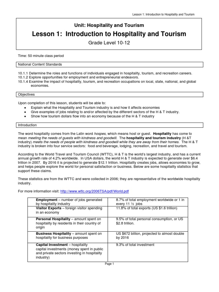 Lesson 1: Introduction To Hospitality and Tourism | PDF | Montana | Tourism