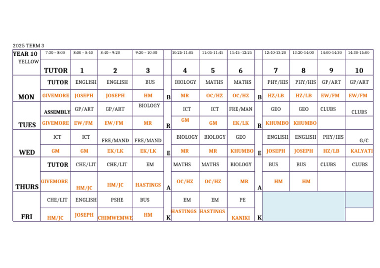 Year 10 Yellow Timetable 2025 Term3 | PDF