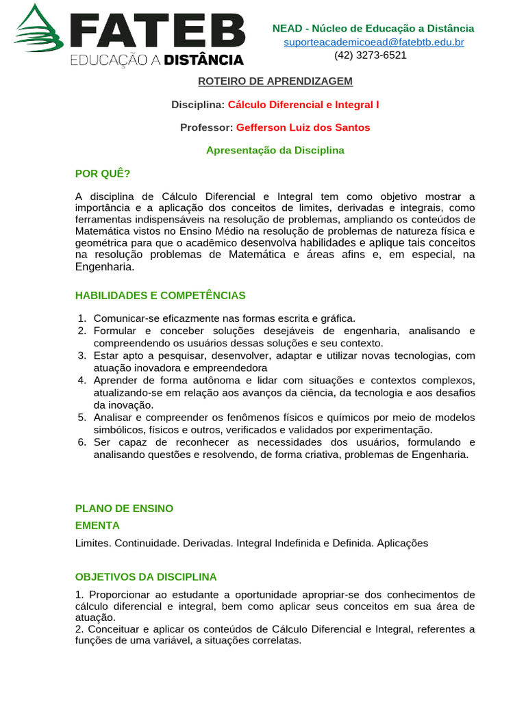 Cálculo Diferencial e Integral I | PDF | Limite (Matemática) | Derivado