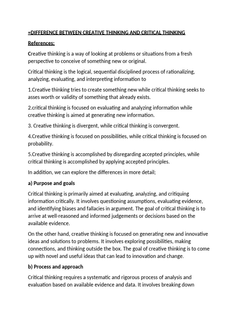 DIFFERENCE BETWEEN CREATIVE THINKING AND CRITICAL THINKING | PDF ...