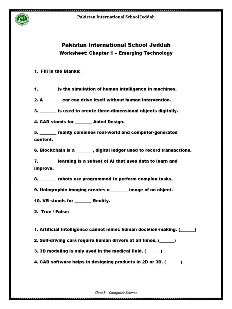Class 8 Virtual Reality Worksheet | PDF | Virtual Reality | 3 D ...