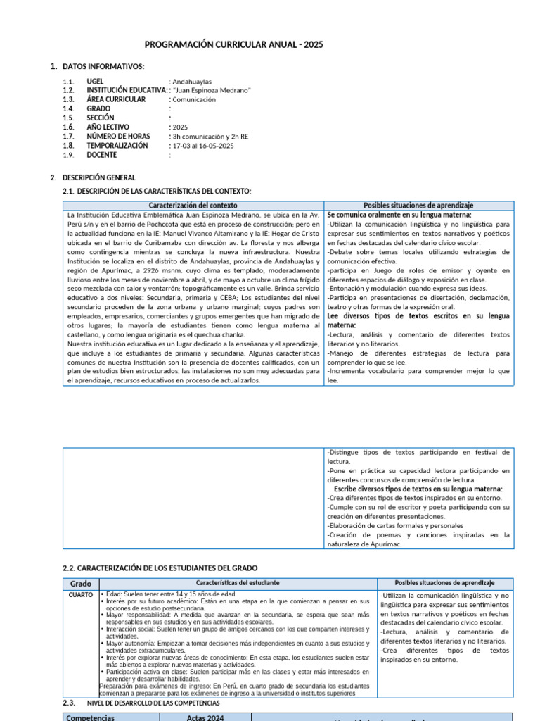 Programación Curricular Anual, Unidades y Sesiones-2025 Final Válido | PDF | Aprendizaje ...