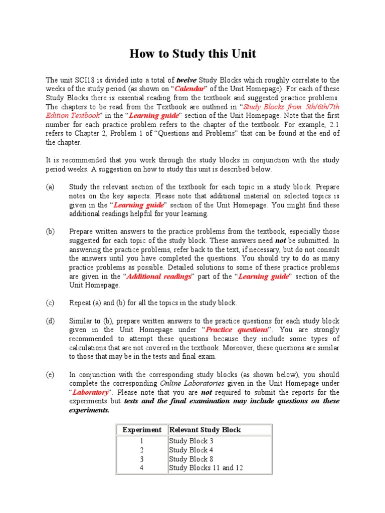 How To Study This Unit: Calendar Study Blocks From 5th/6th/7th Edition ...