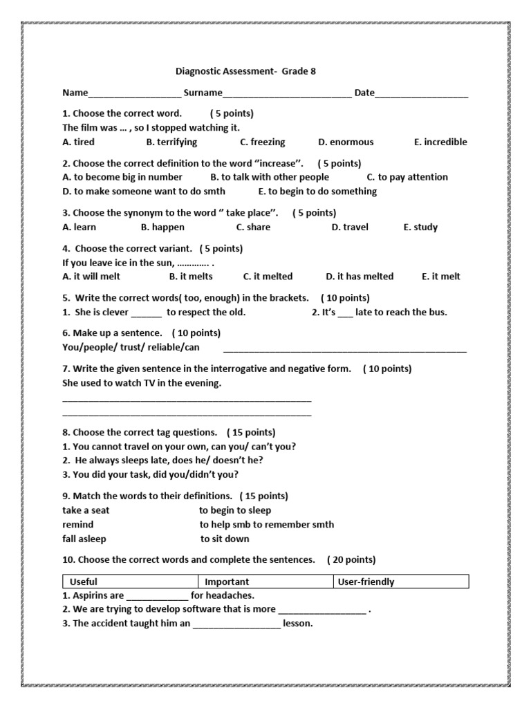 Diagnostic Assessment - Grade 8 (Gulshan Anar) | PDF